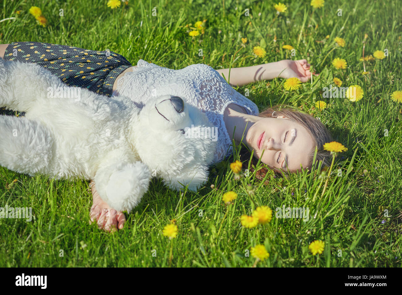 girl with teddy bear lying on dandelion meadow Stock Photo - Alamy