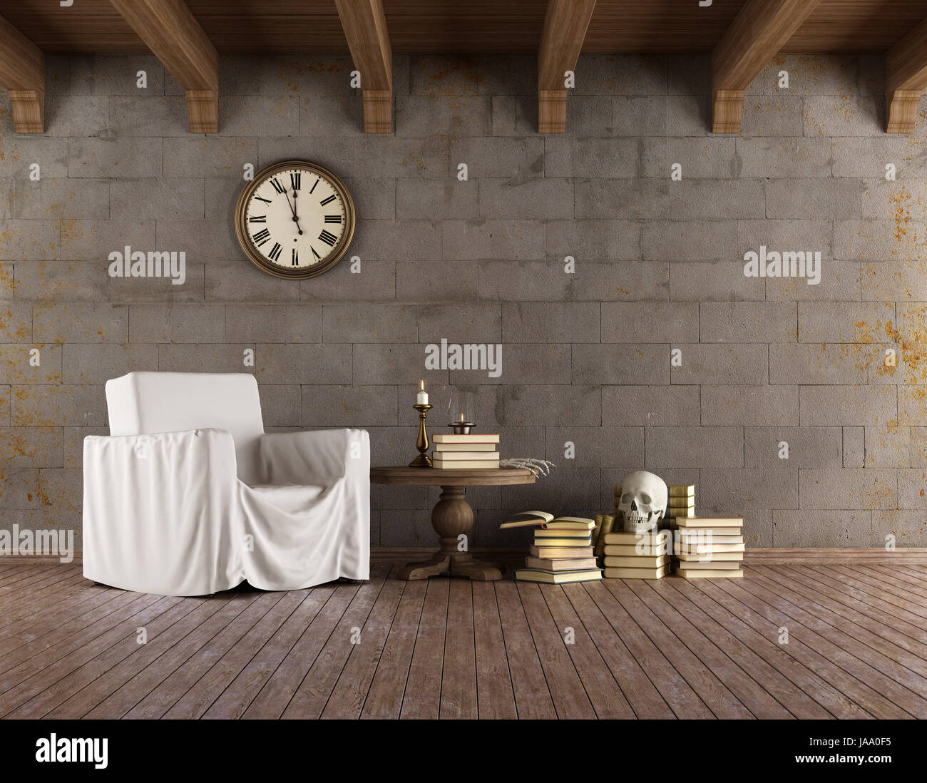 armchair, night, nighttime, interior, wall, skull, horror, brick ...