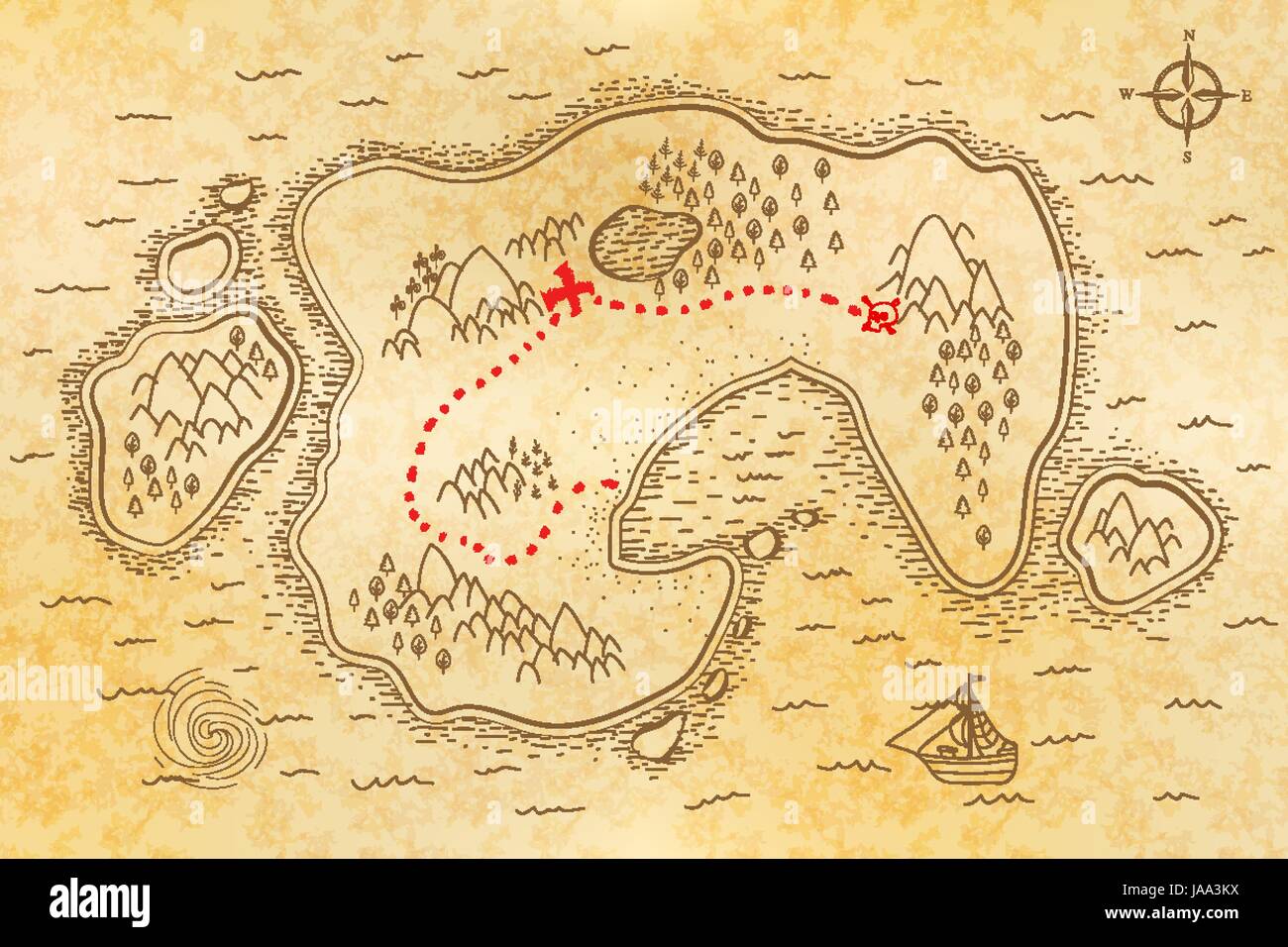 Ancient pirate map on old textured paper with red path to treasure ...