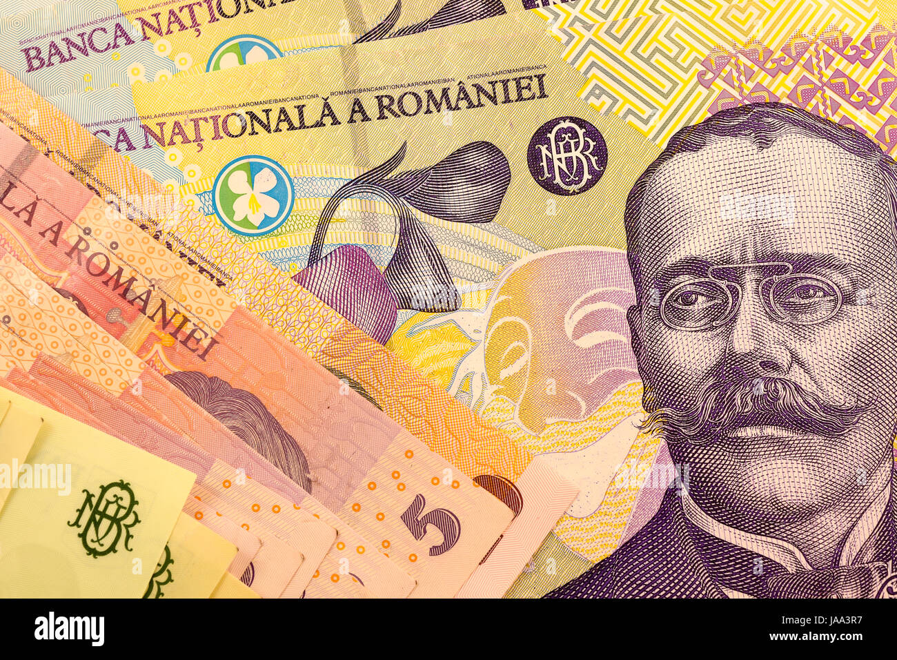 Close up Romanian currency note, banknotes, LEI or LEU, Romania Stock ...