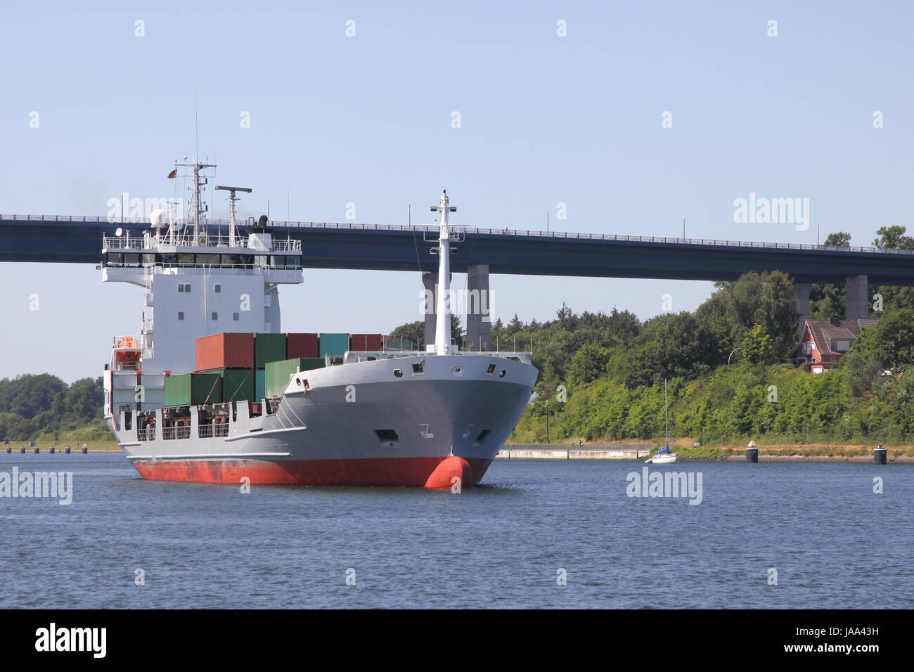 container ship, export, bridge, container ship, small, tiny, little ...