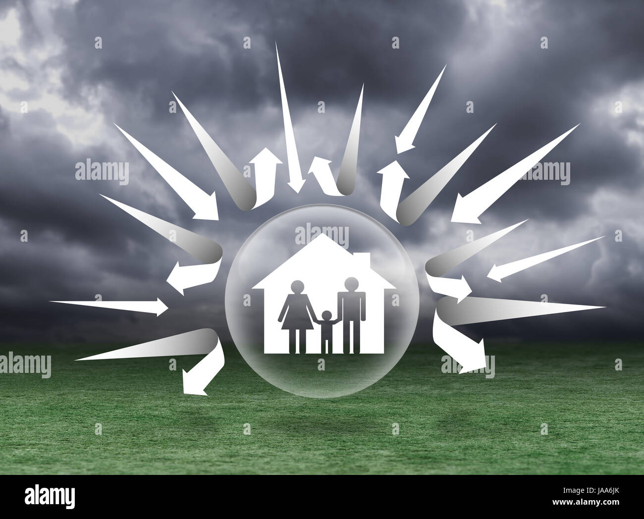 Shield protecting family from arrow, insurance concept Stock Photo - Alamy
