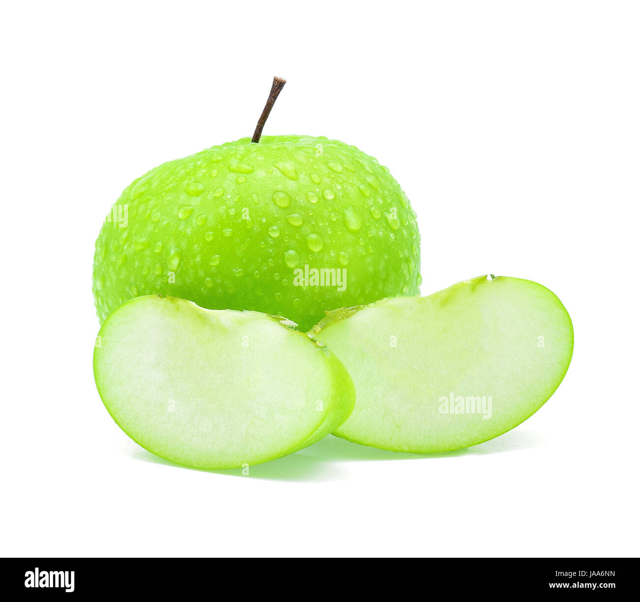 Drop of water green apple on white background Stock Photo - Alamy