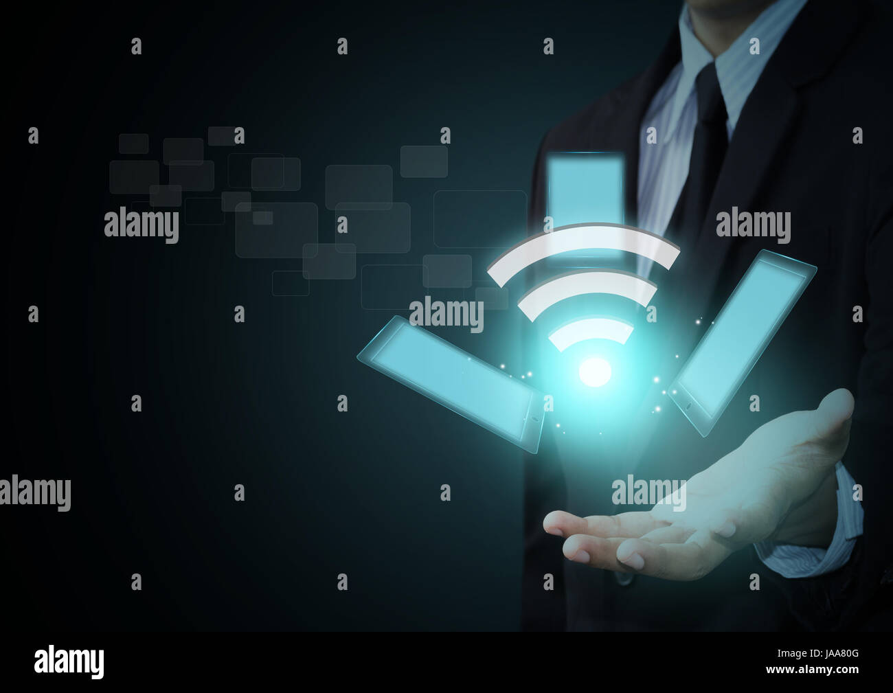 symbol and touch pad technology on businessman hand Stock Photo - Alamy