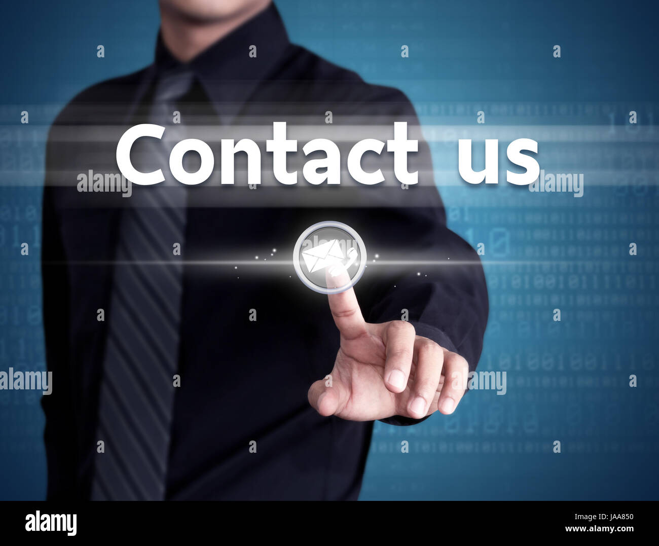 Businessman hand pushing contact us button on a touch screen interface ...