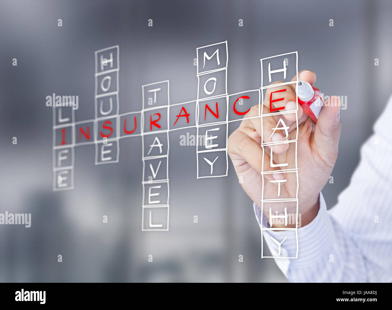 Businessman write life insurance, house insurance, home insurance ...