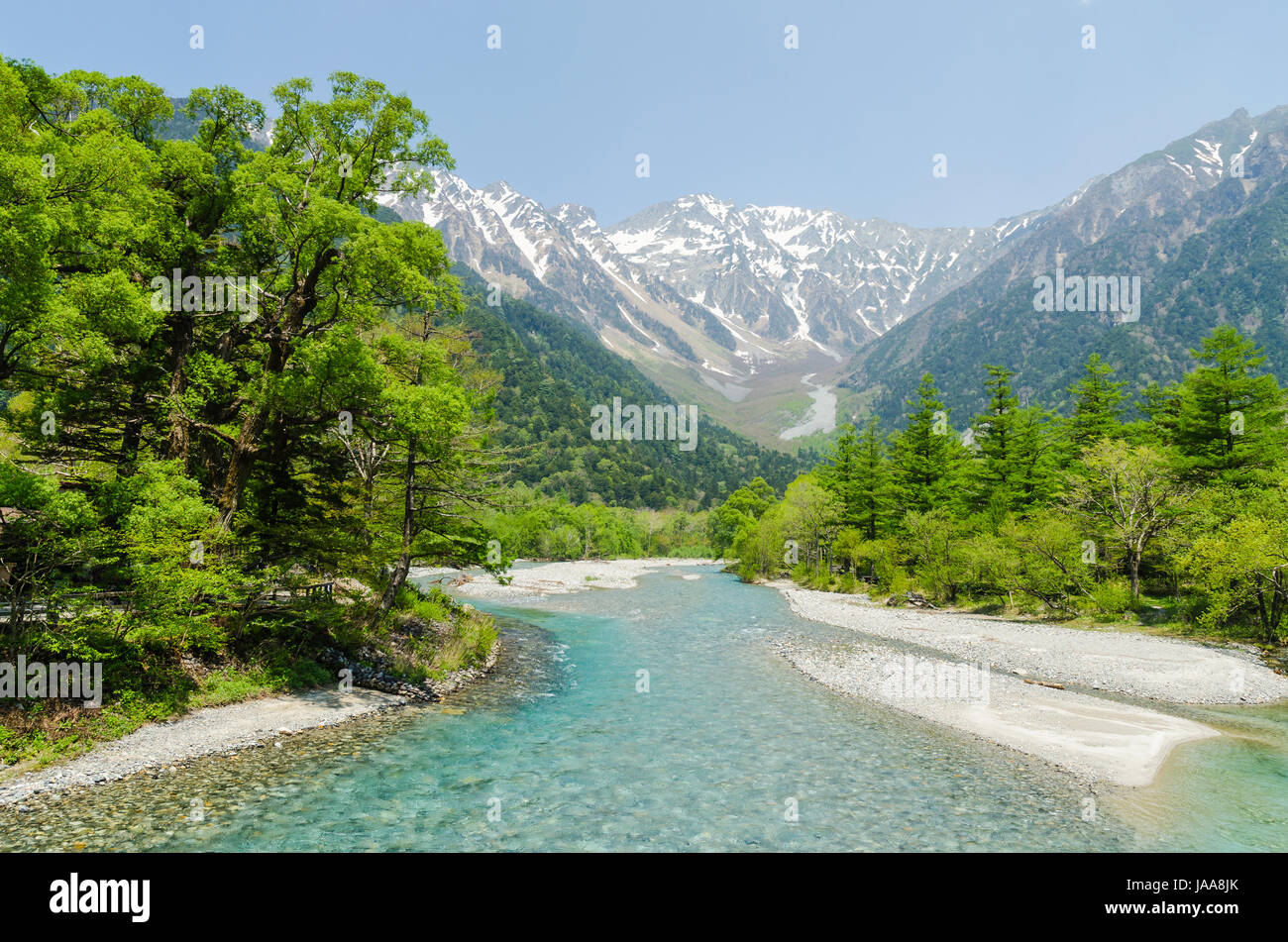 Hotaka mountain range and azusa river in spring at kamikochi national ...