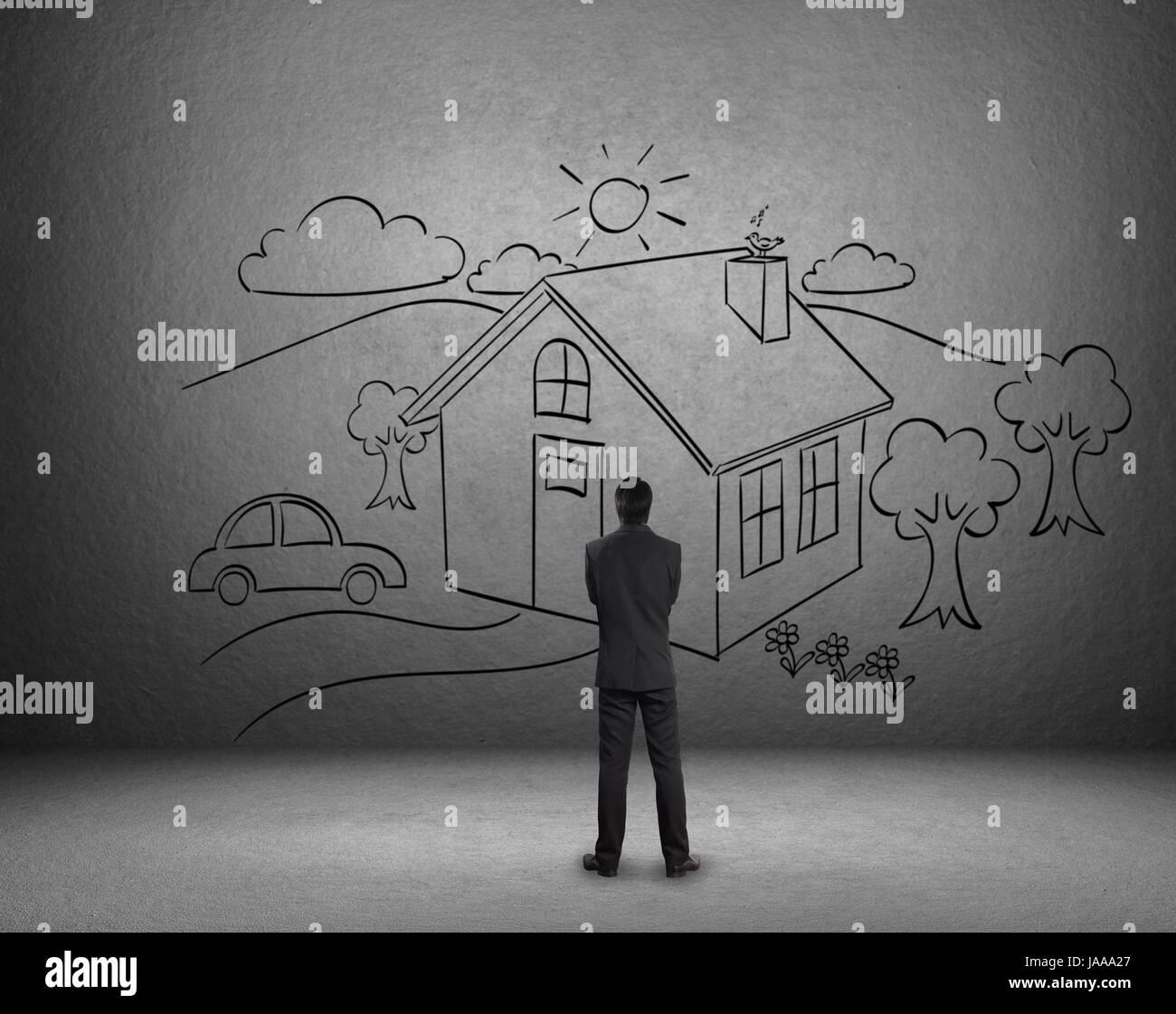 Hand drawing house on wall Stock Photo - Alamy