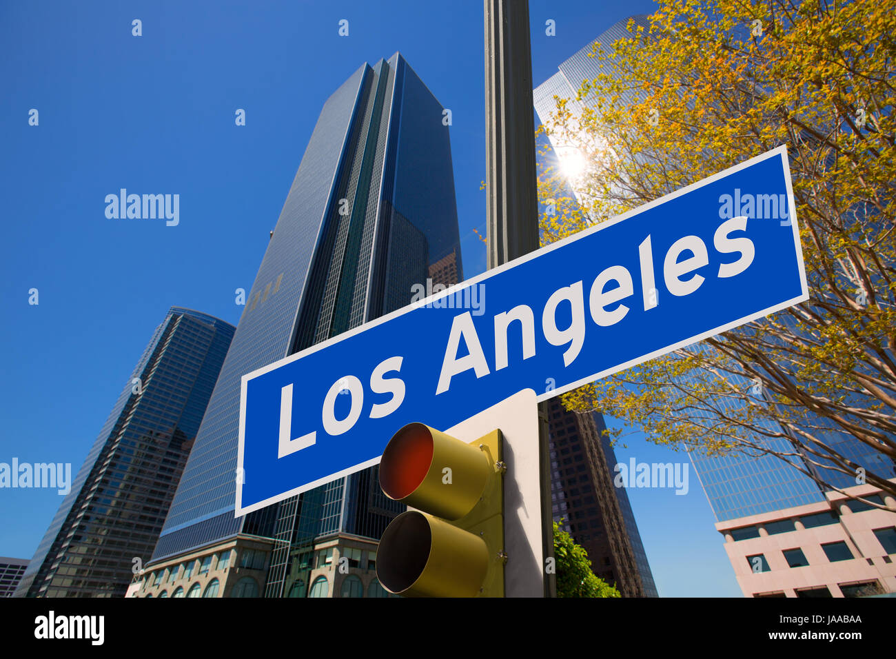 LA Los Angeles sign in redlight photo mount on downtown image Stock ...