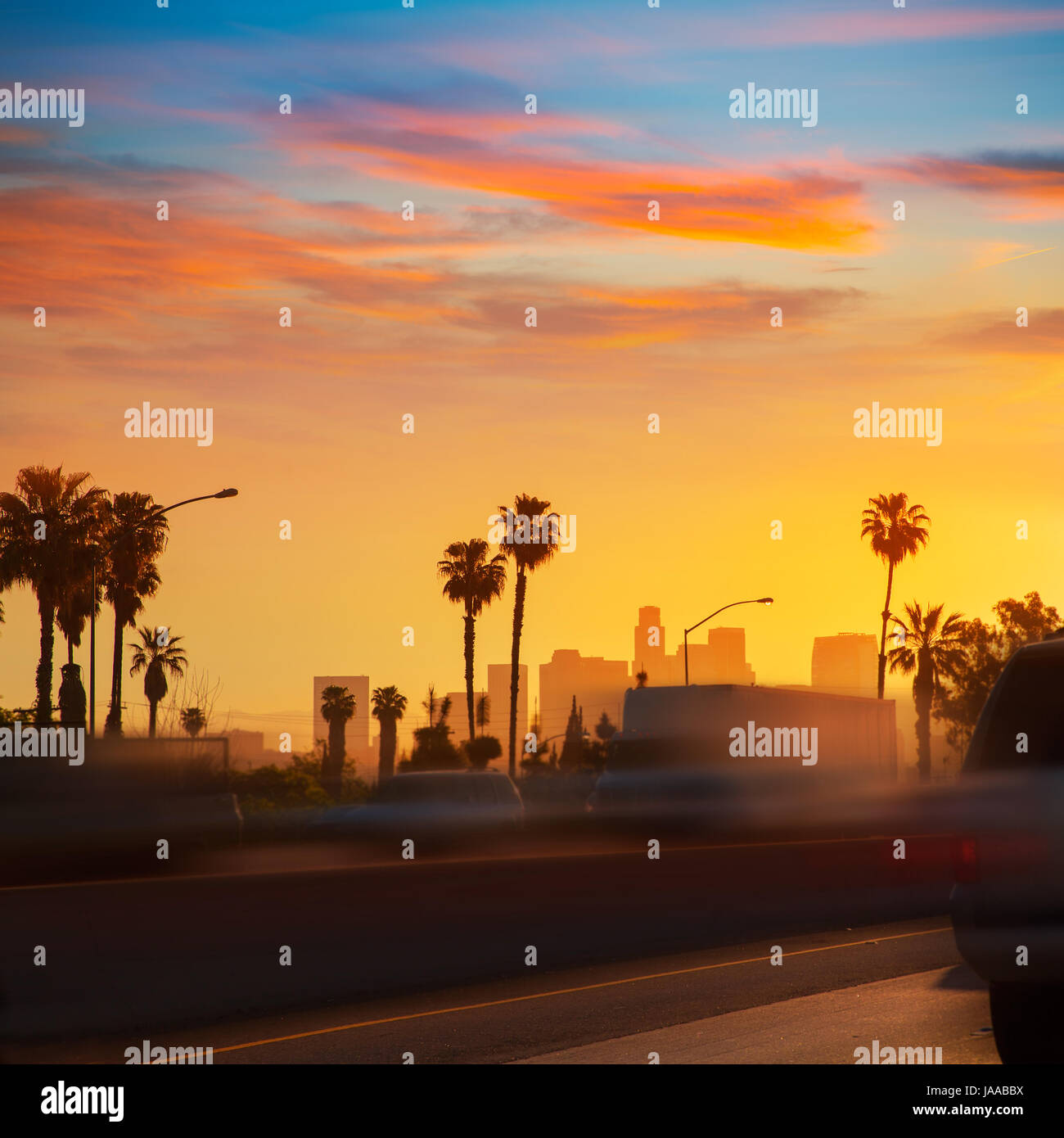 LA Los Angeles sunset skyline with traffic California from freeway ...
