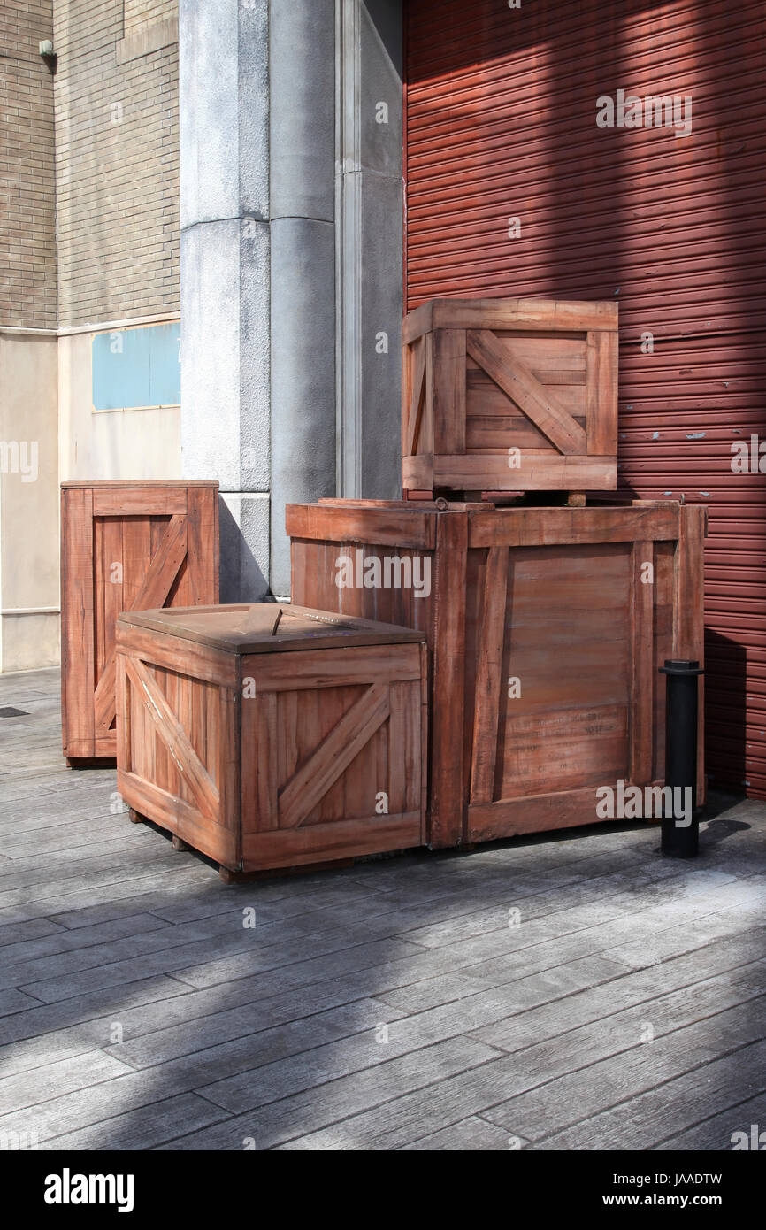 Wooden boxes stand at the entrance, Singapore, south east Asia Stock ...
