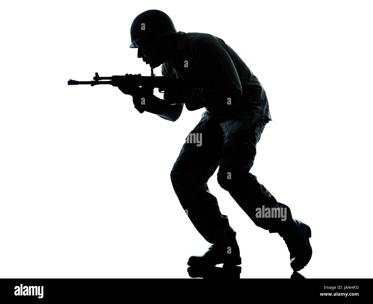 one caucasian army soldier man attacking on studio isolated on white ...