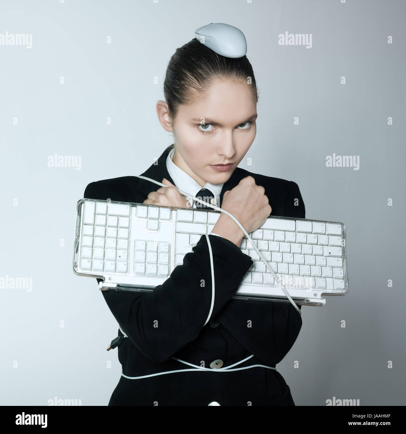 studio shot portrait of one business woman woman computer problems ...