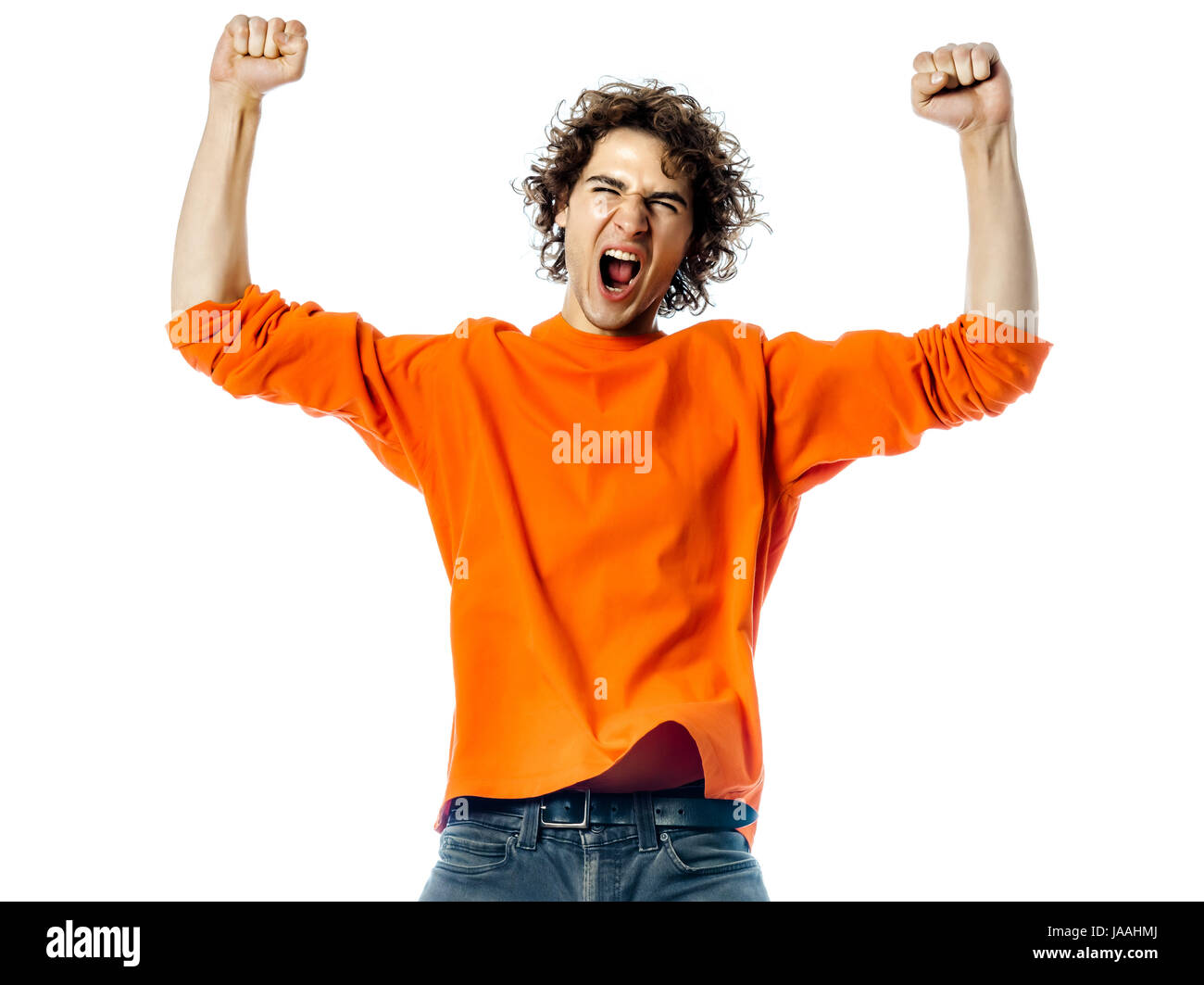 one young man caucasian strong screaming happy portrait in studio white ...