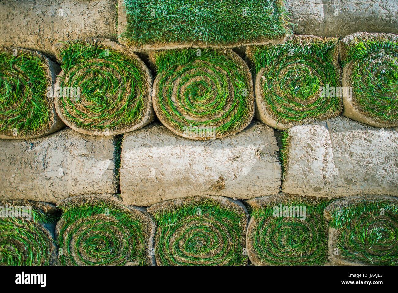 Pile of Rolled Natural Grass Turfs Ready For Installation in a New ...