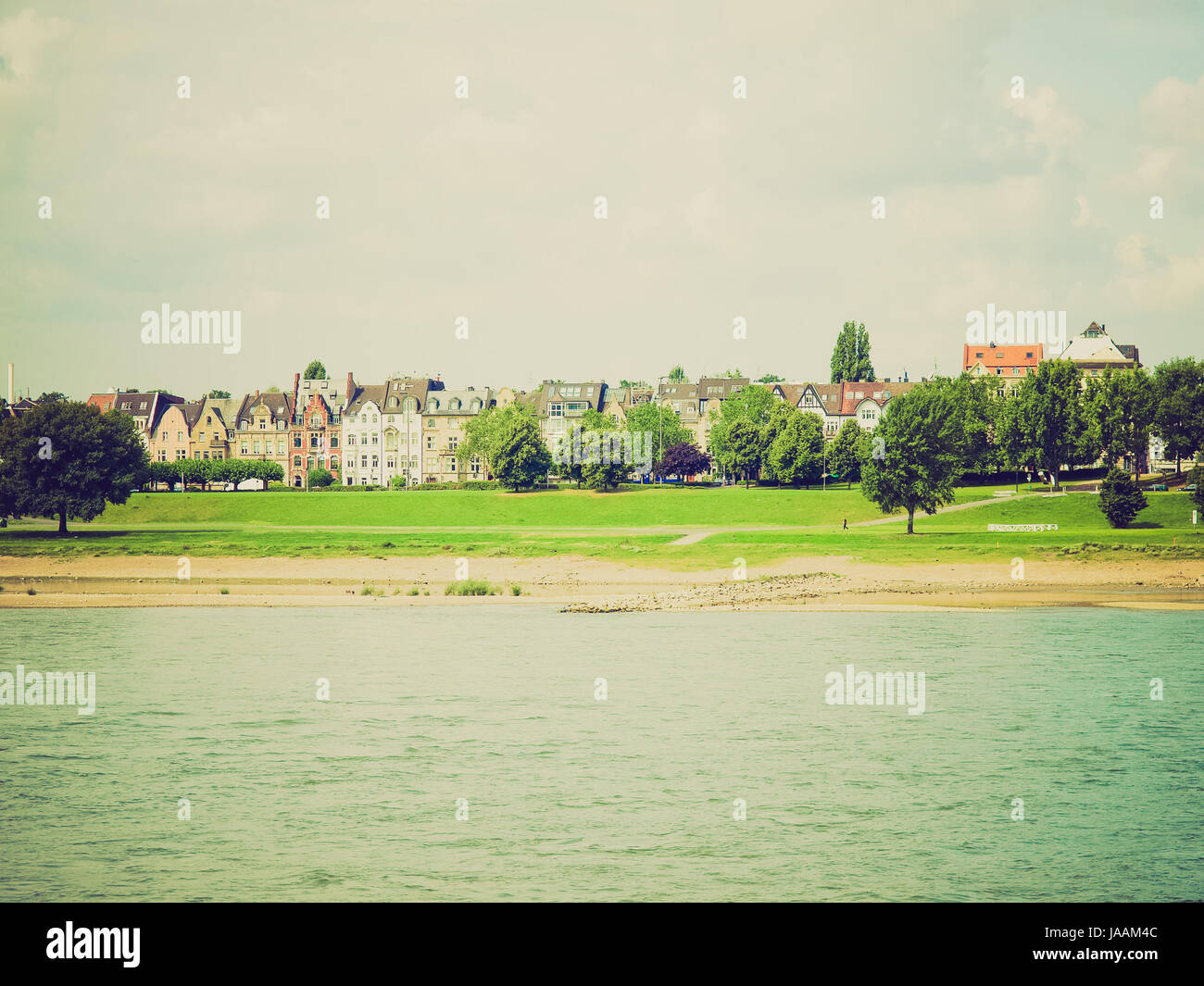 Vintage looking View of river Rhein (Rhine) in Duesseldorf, Germany ...