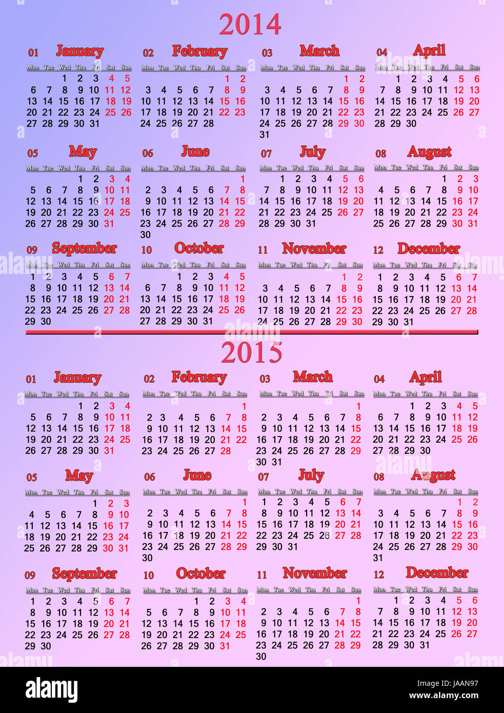 usual office pale rose calendar for 2014 - 2015 years Stock Photo - Alamy