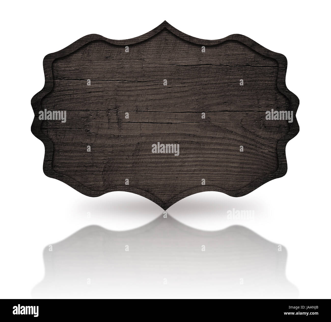 Gray wooden ornate signboard with dark frame and reflection on white ...