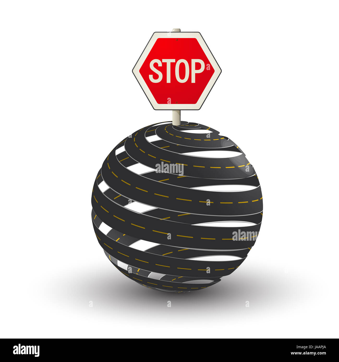 Conceptual traffic illustration with sphere roads and stop sign Stock ...
