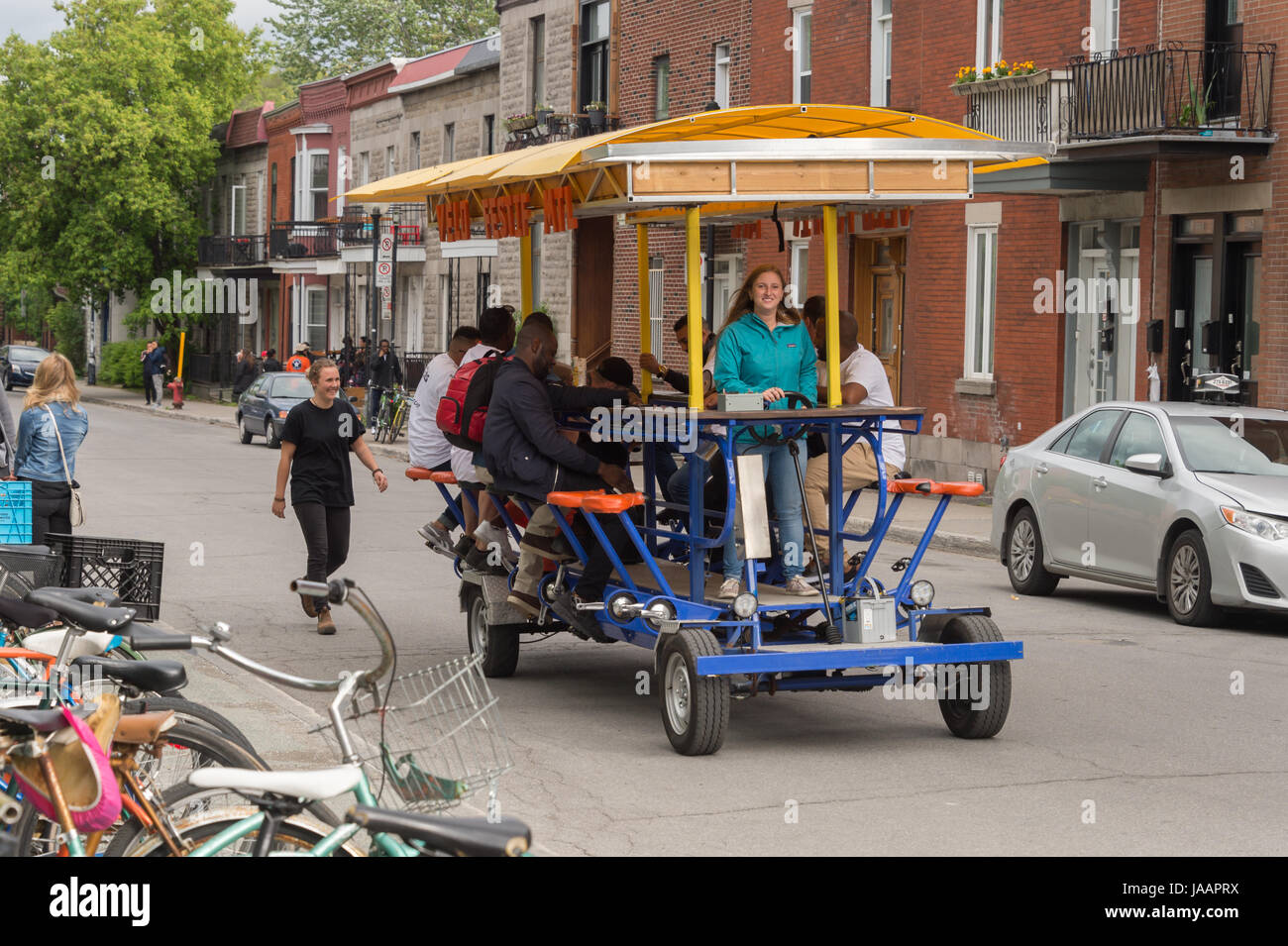 Montreal, Canada - 03 June 2017: People on "Velo Festif" party bike in ...