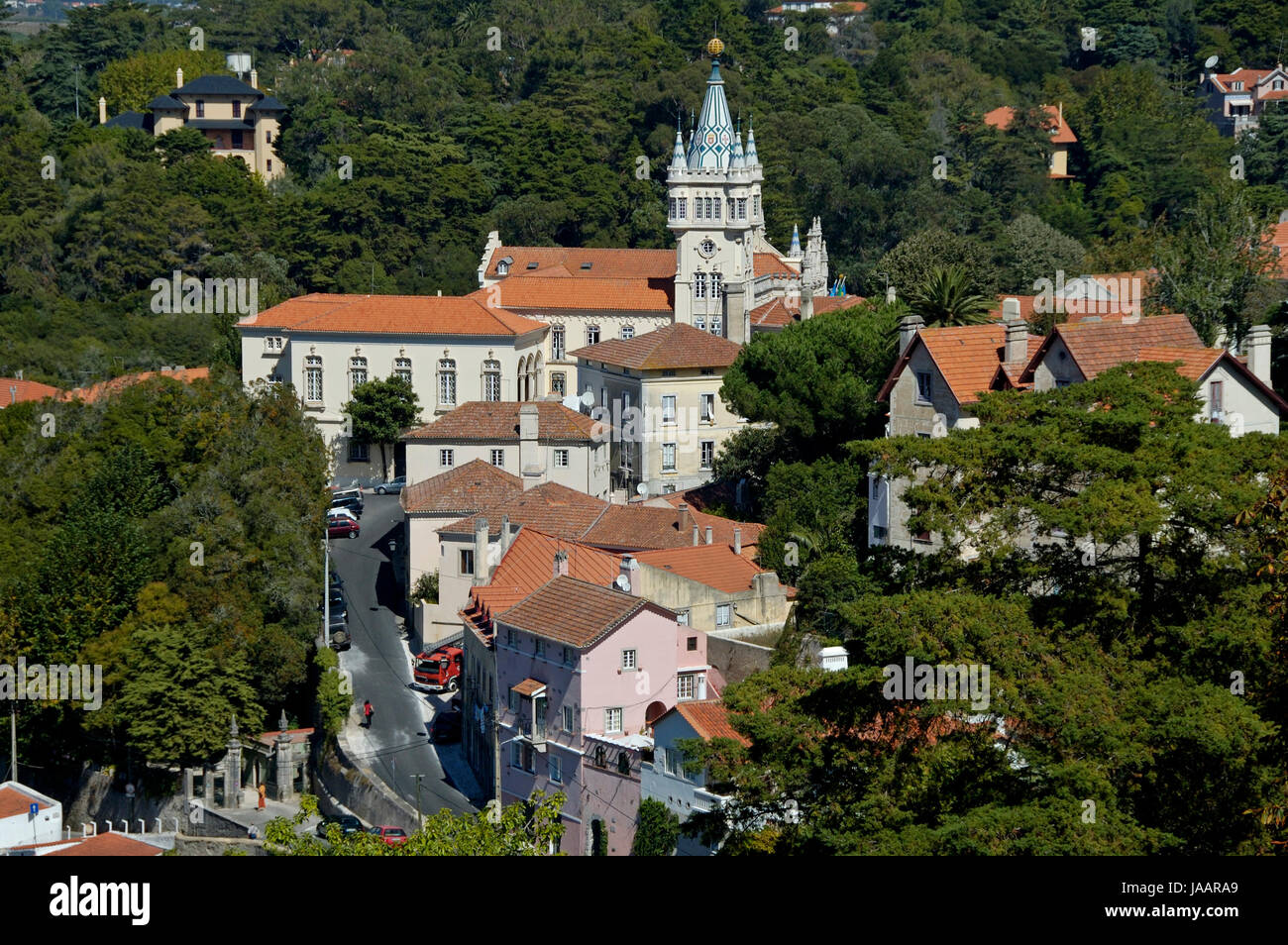 A top view of Sintra with a church tower sticking out Stock Photo - Alamy
