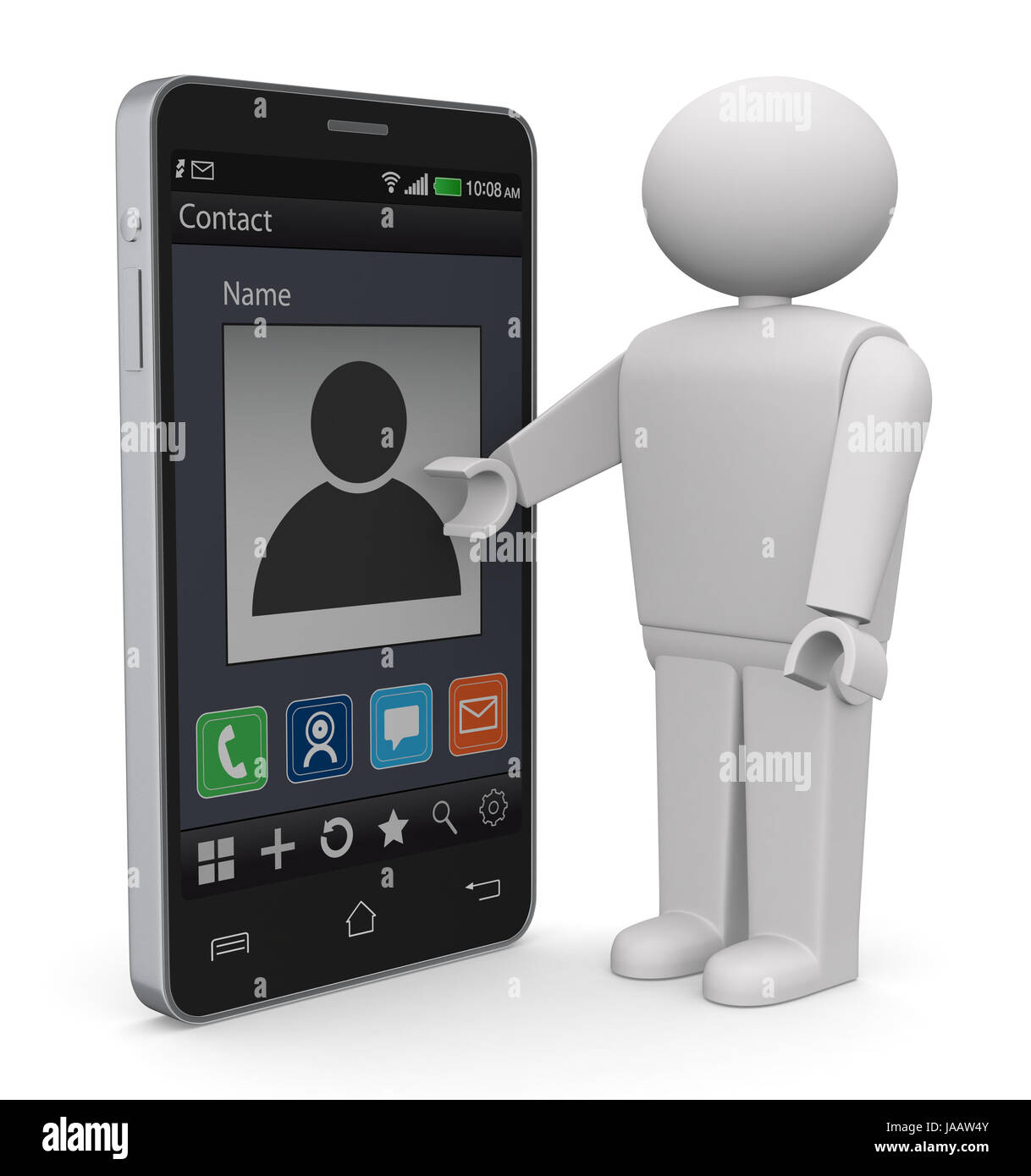front view of a smartphone with contacts app and a 3d man (3d render ...