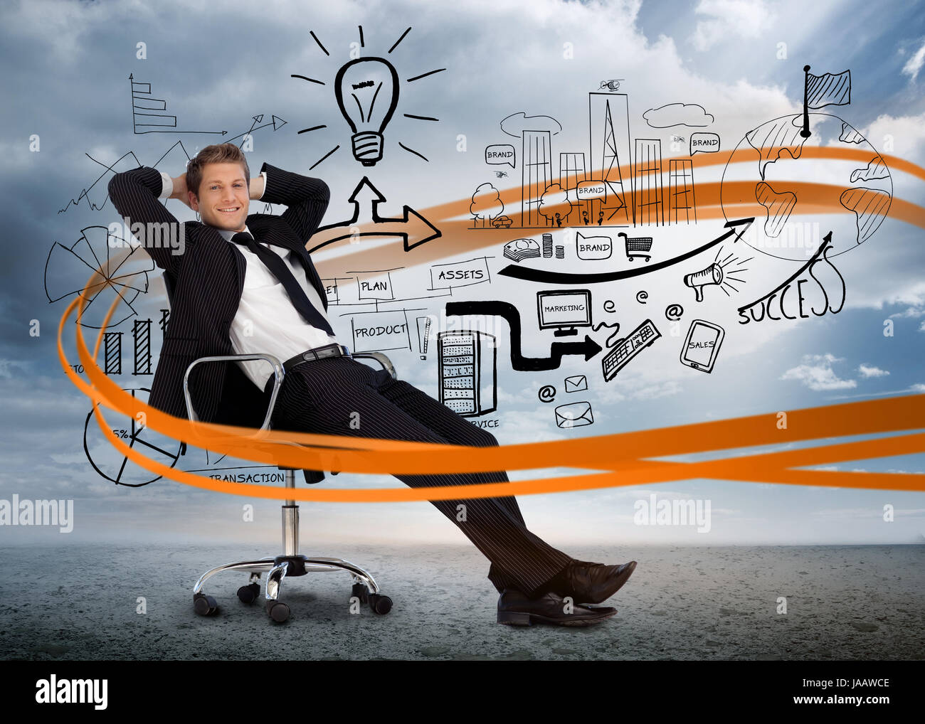 Businessman sitting in front of detailed brainstorm with orange swirl ...