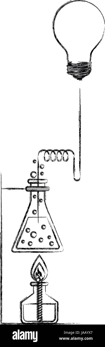sketch blurred silhouette of glass beaker connected to light bulb and ...