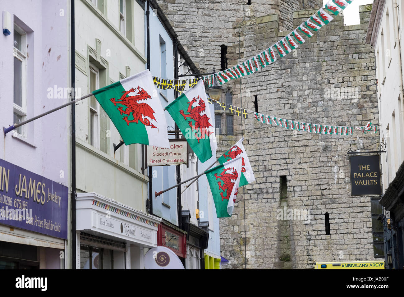 Welsh Flags In Shopping arcade Stock Photo - Alamy