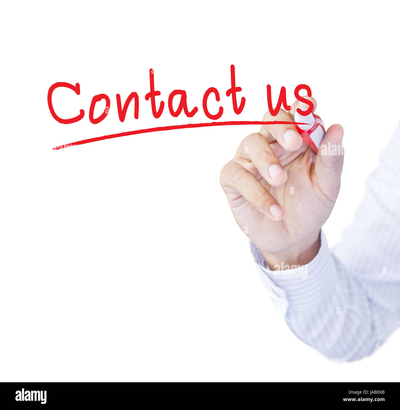 Businessman hand writing contact us. White background Stock Photo - Alamy