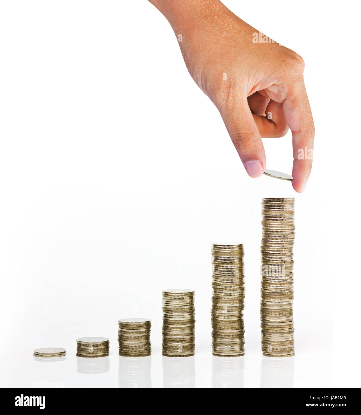 Increase your savings-Hand holding coins against white background Stock ...