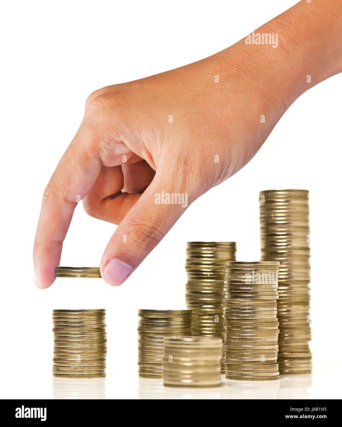 Increase your savings-Hand holding coins against white background Stock ...