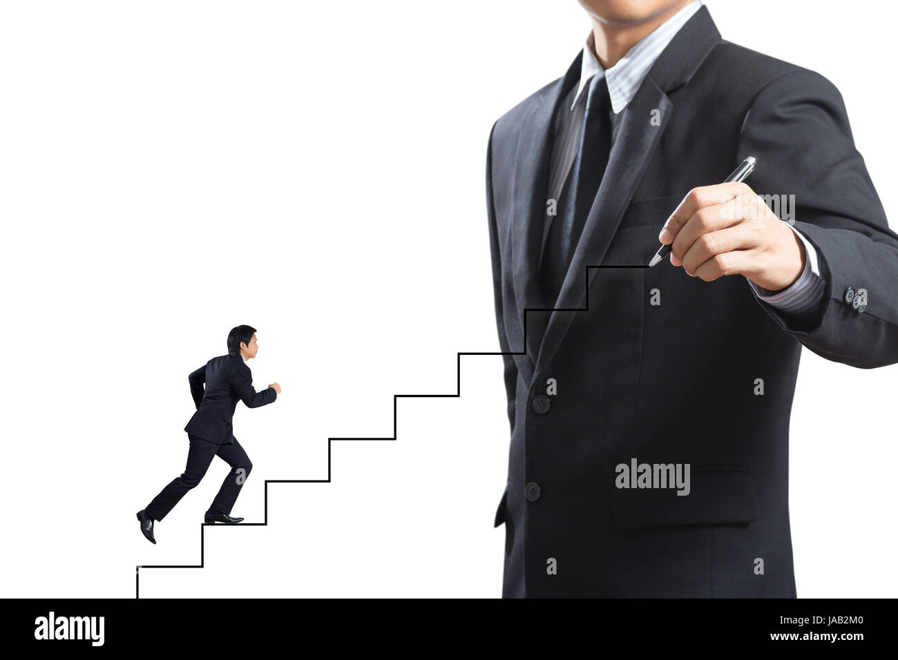 business man start to run and climb up success stair figure drawn by a ...