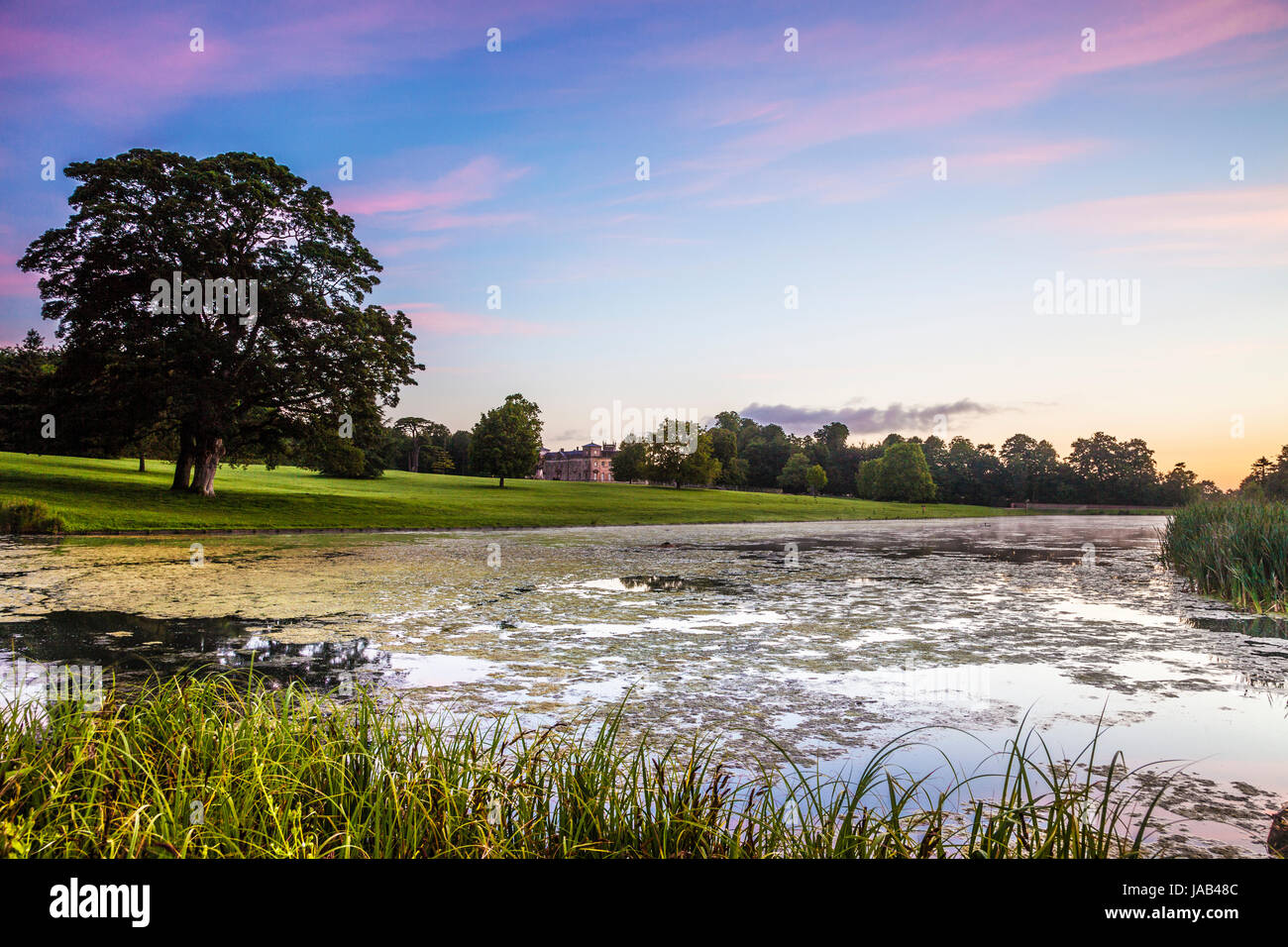 A summer sunrise view over the lake at Lydiard Park in Swindon ...