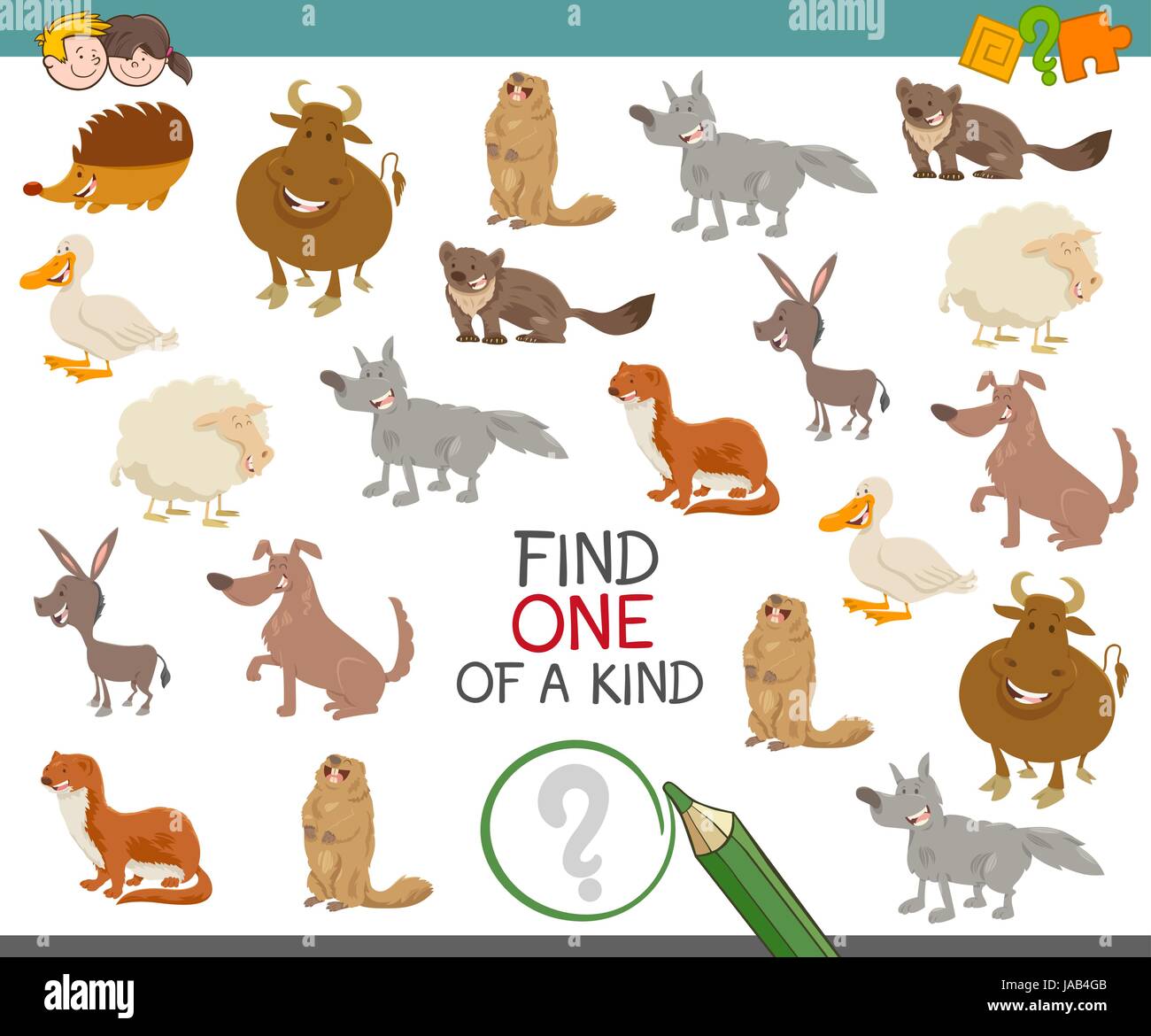 Cartoon Illustration of Find One of a Kind Educational Activity for ...