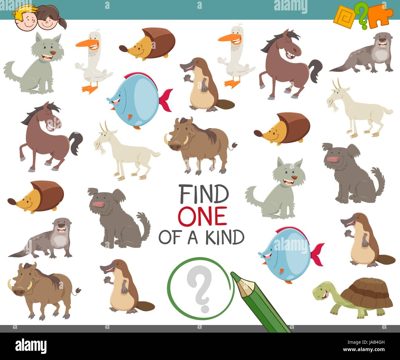 Cartoon Illustration of Find One of a Kind Educational Game for ...