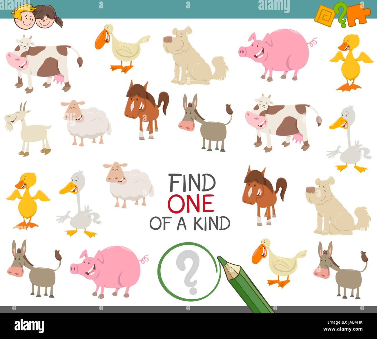 Cartoon Illustration of Find One of a Kind Educational Game for ...