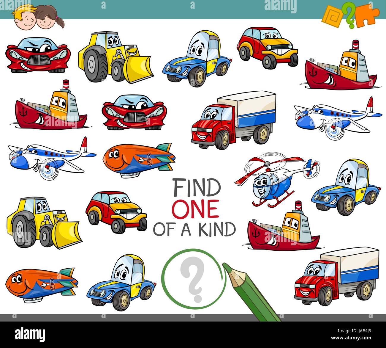 Cartoon Illustration of Find One of a Kind Educational Activity Game ...