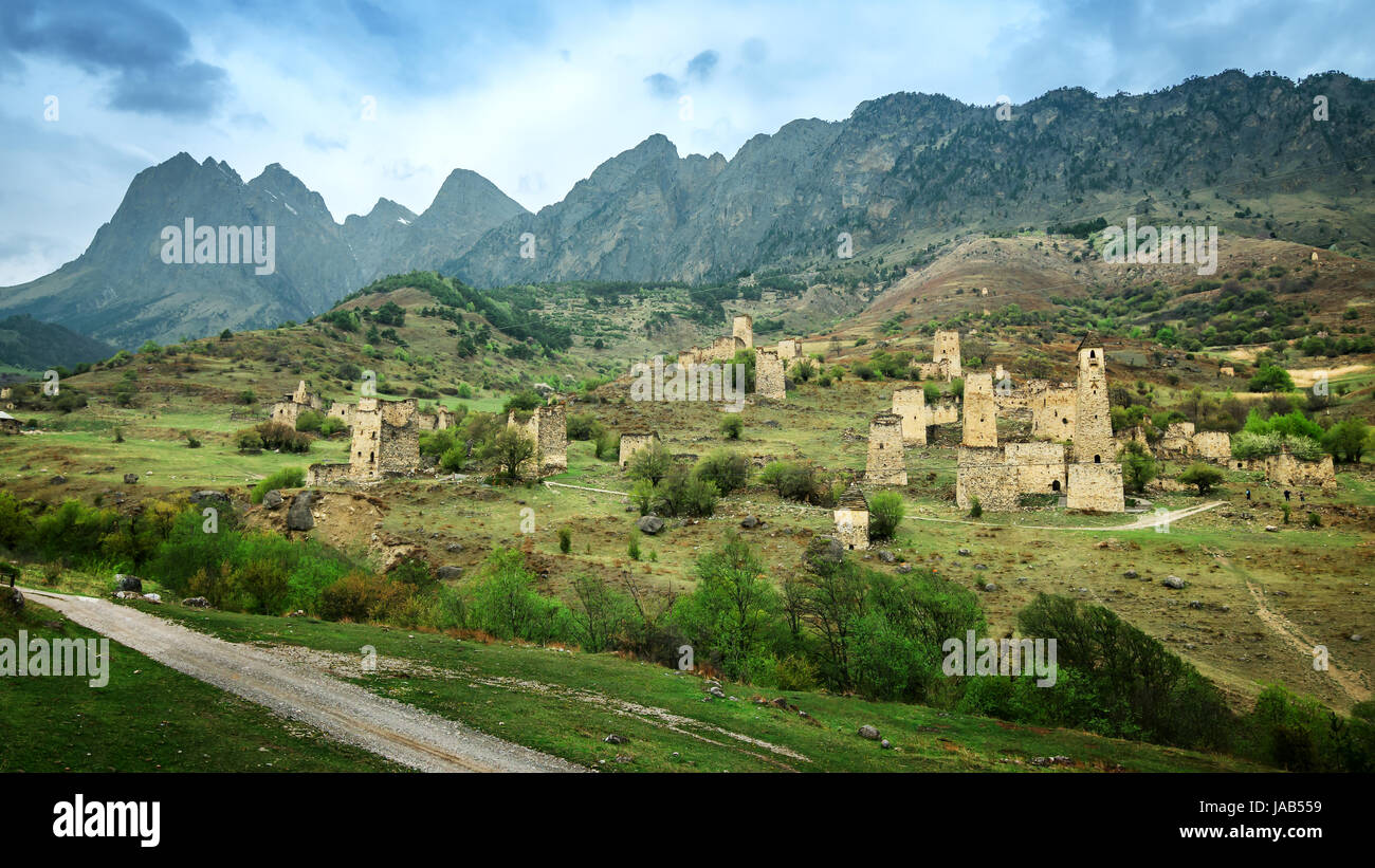 Old ingushetia defence tower in mountain of Caucasus, Russia Stock ...