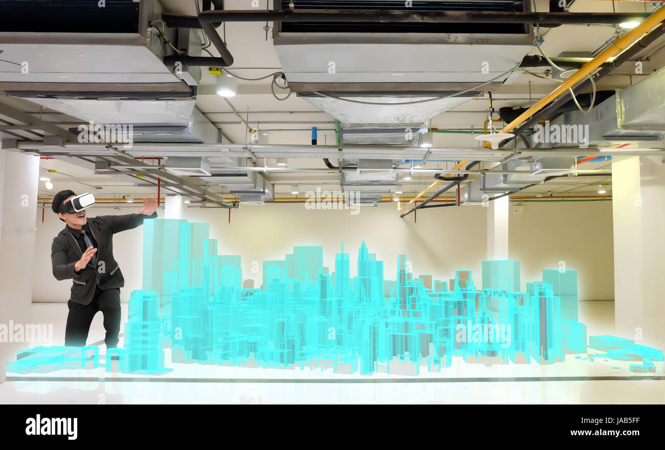 Virtual reality technology, hologram and smart city concept. Business ...