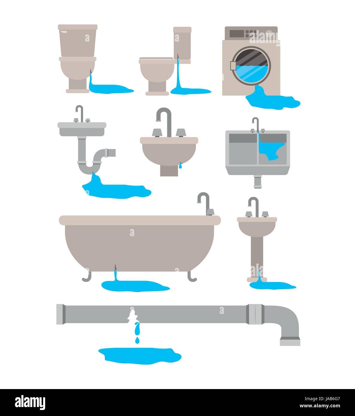 colorful set of bathroom interior objects with dripping pipes Stock ...