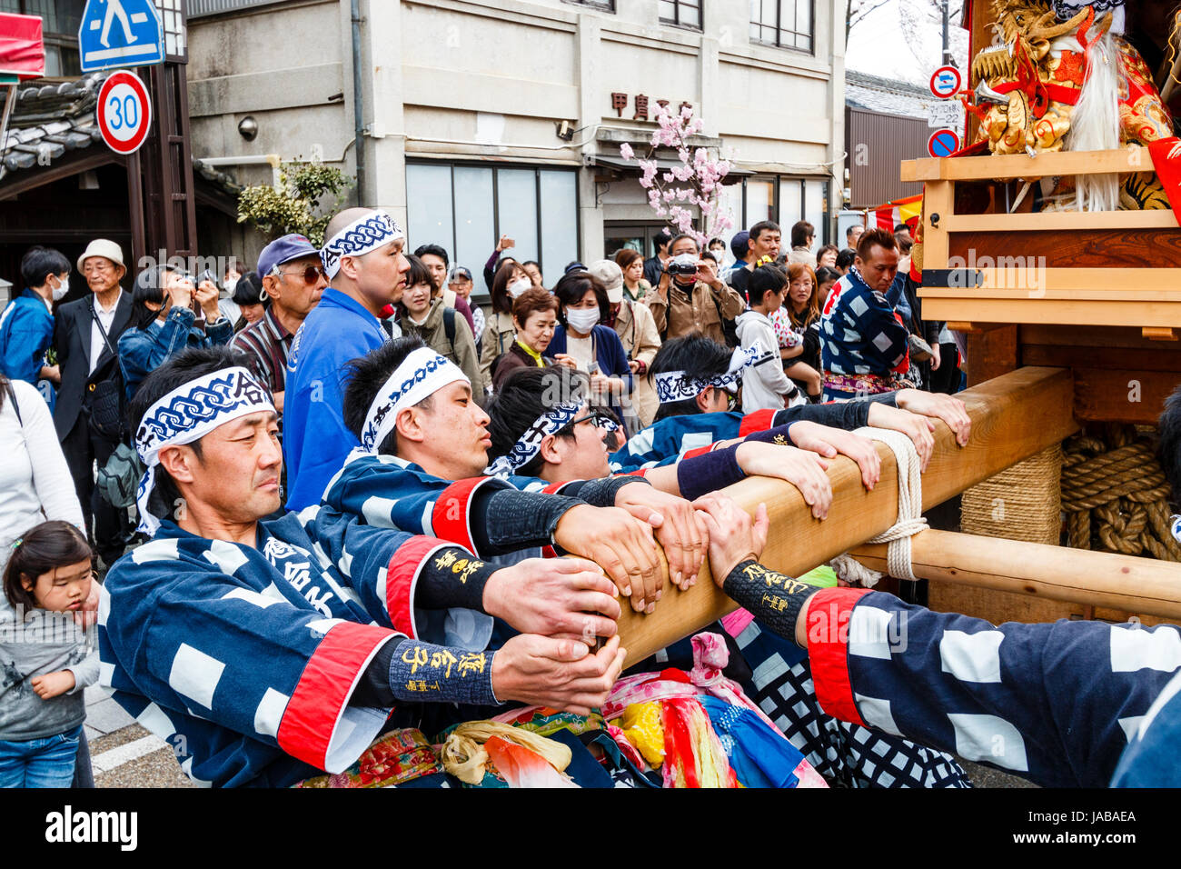 Inuyama festival in Japan. Team of men pulling to turn huge Dashi float ...