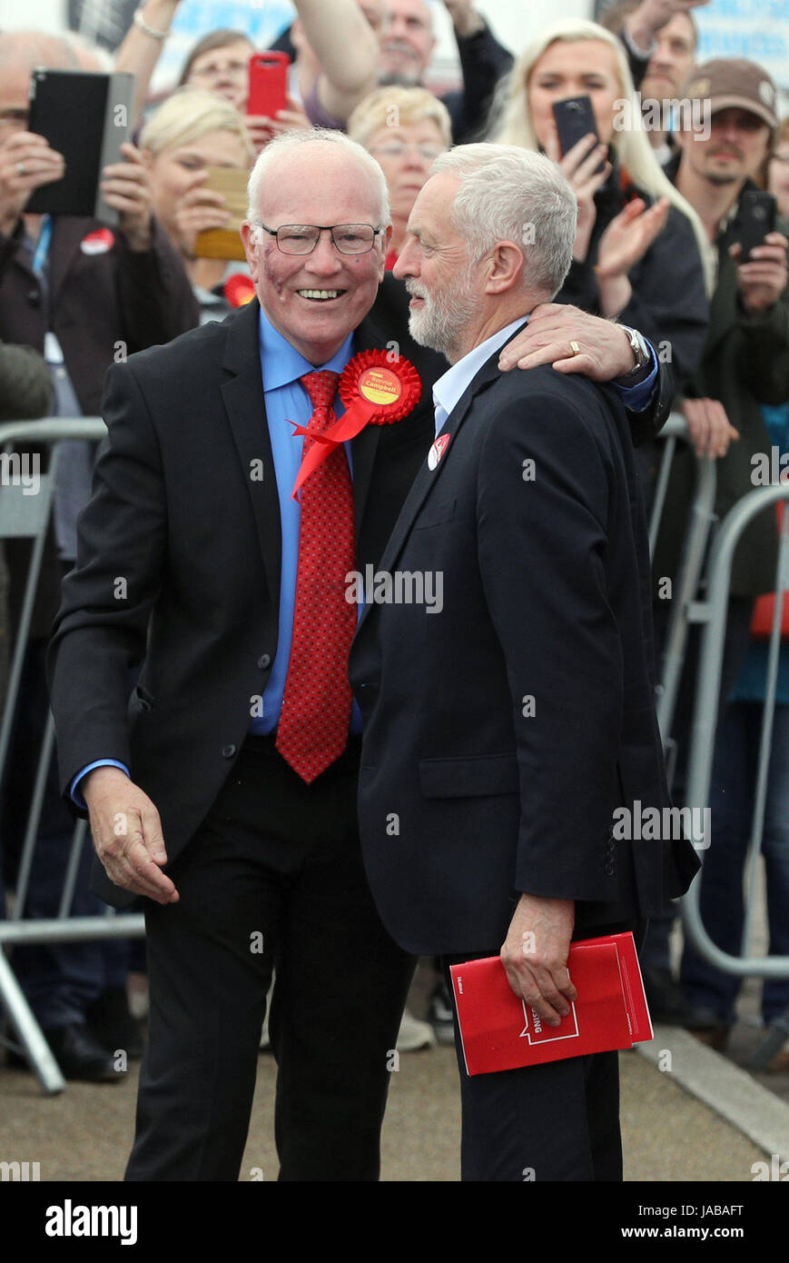 Labour leader Jeremy Corbyn with local candidate Ronnie Campbell as he ...