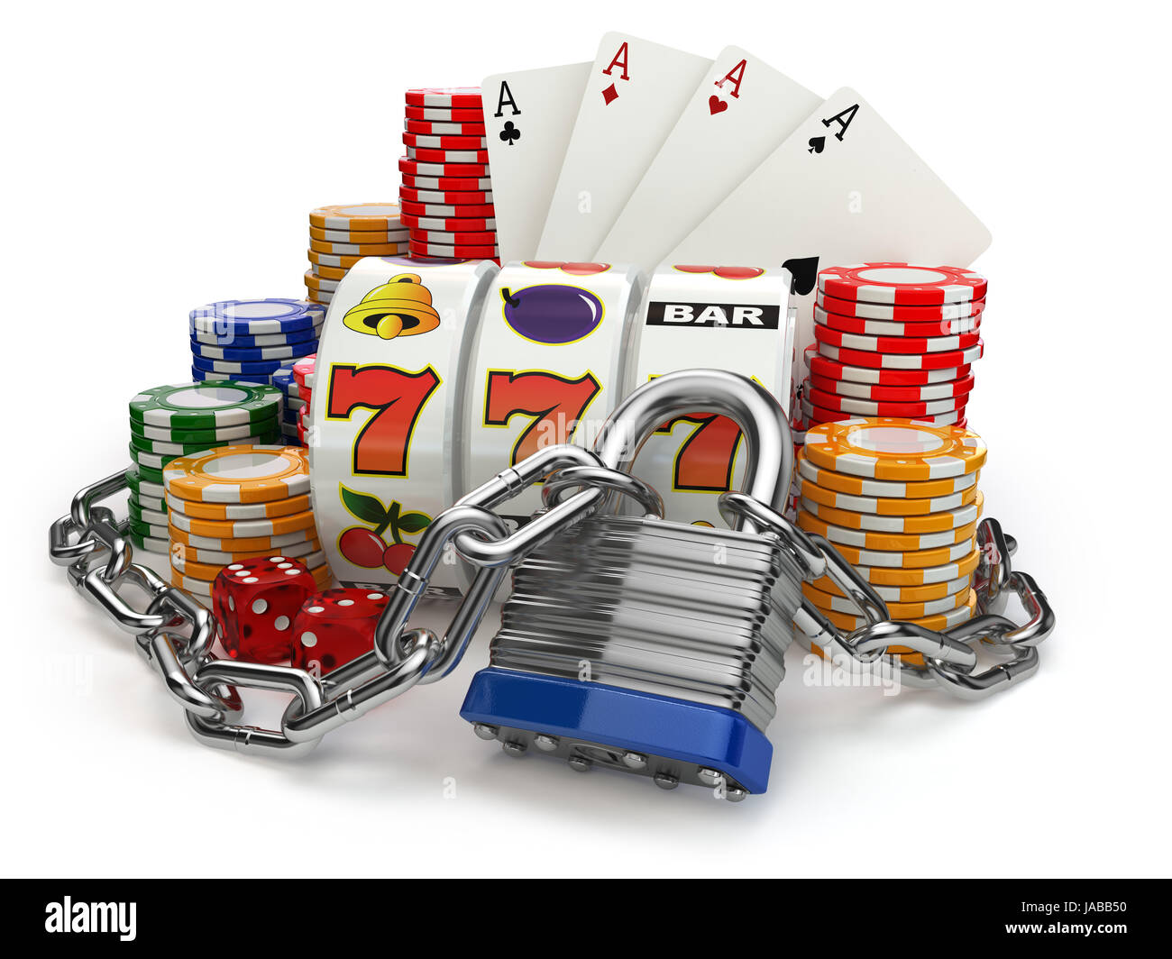 Gambling addiction concept. Slot machine, casino chips and chain with ...