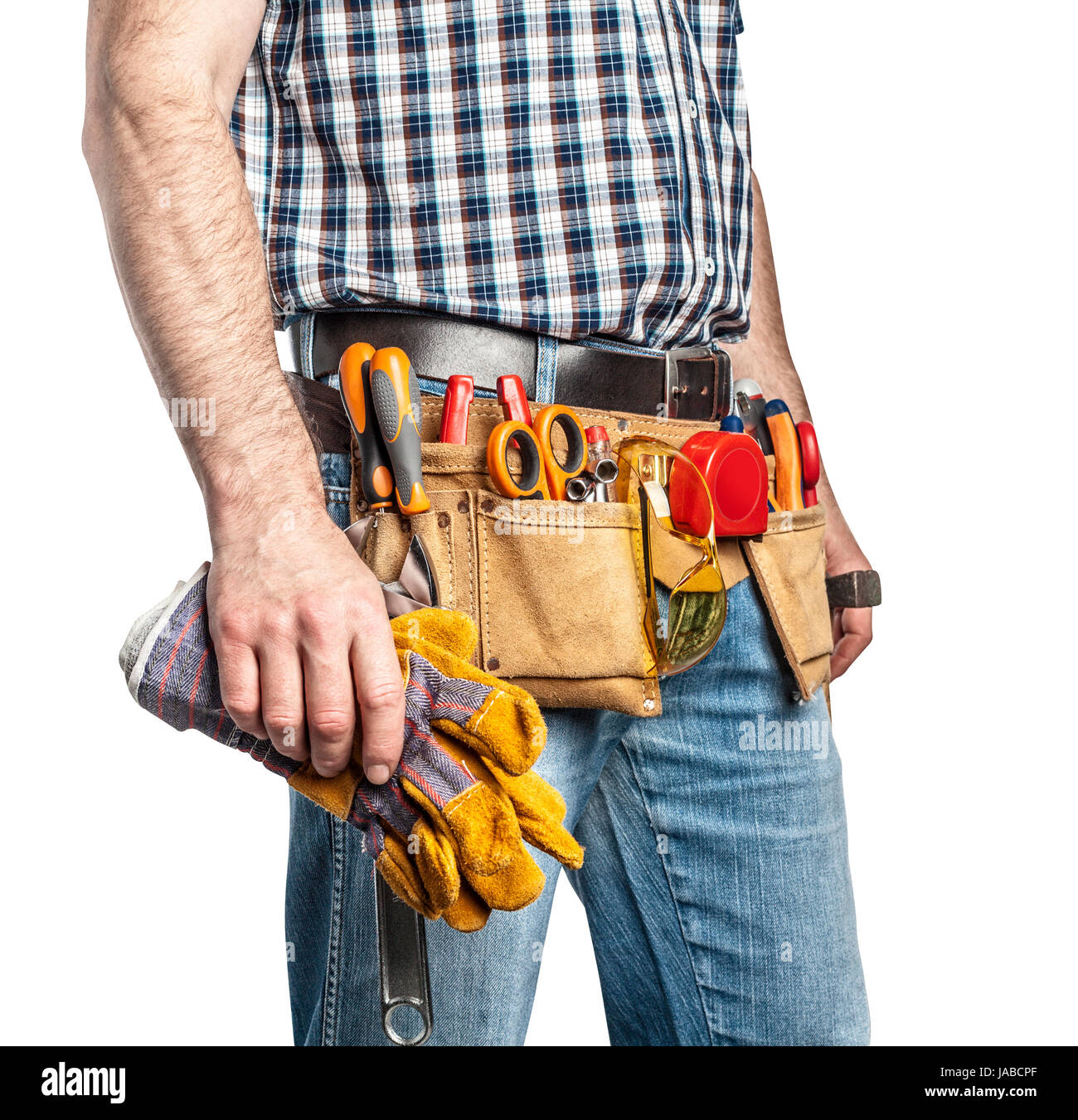 detail of handyman with toolsbelt and tools isolated on white ...