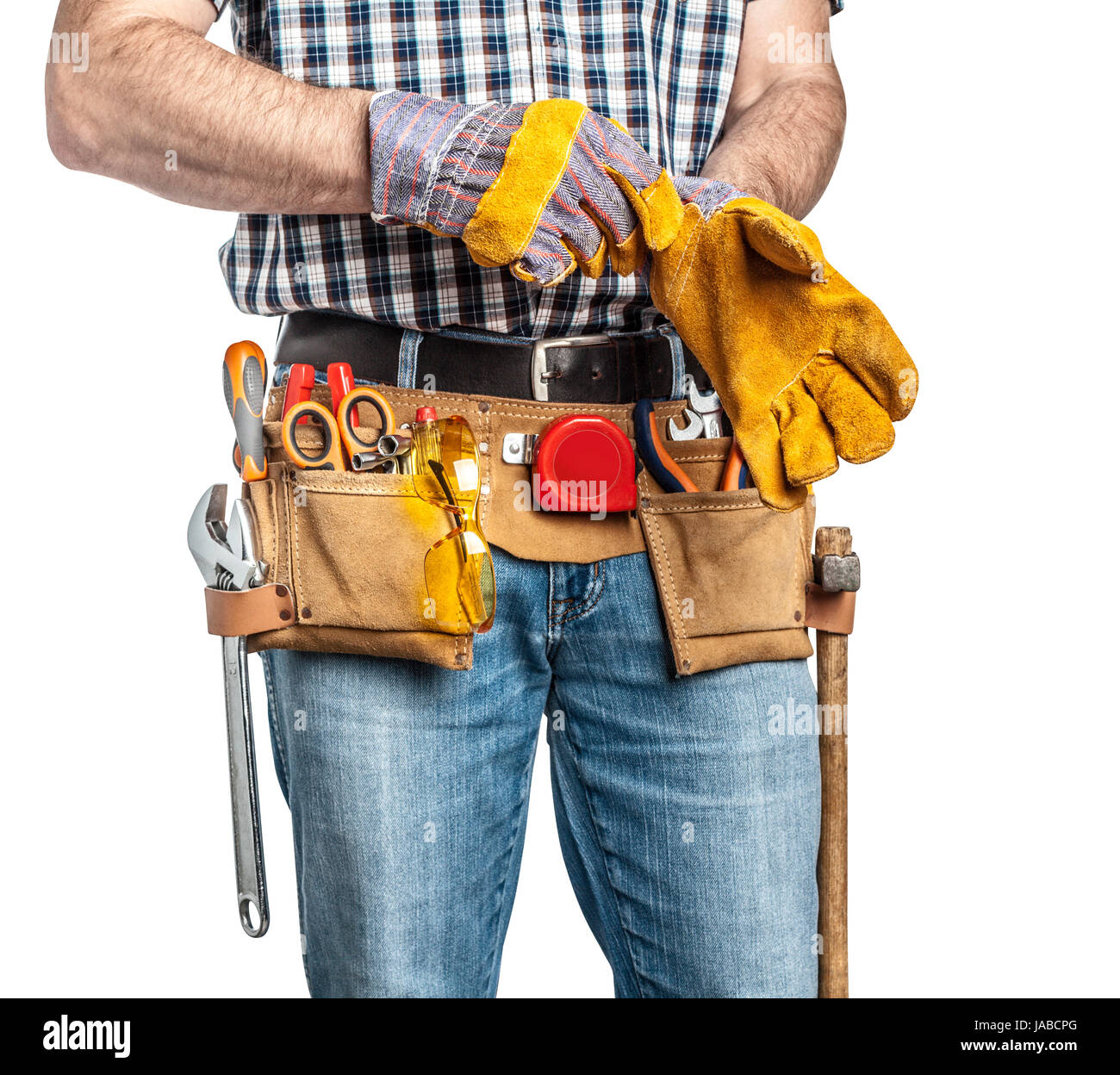 detail of handyman with toolsbelt and tools isolated on white ...