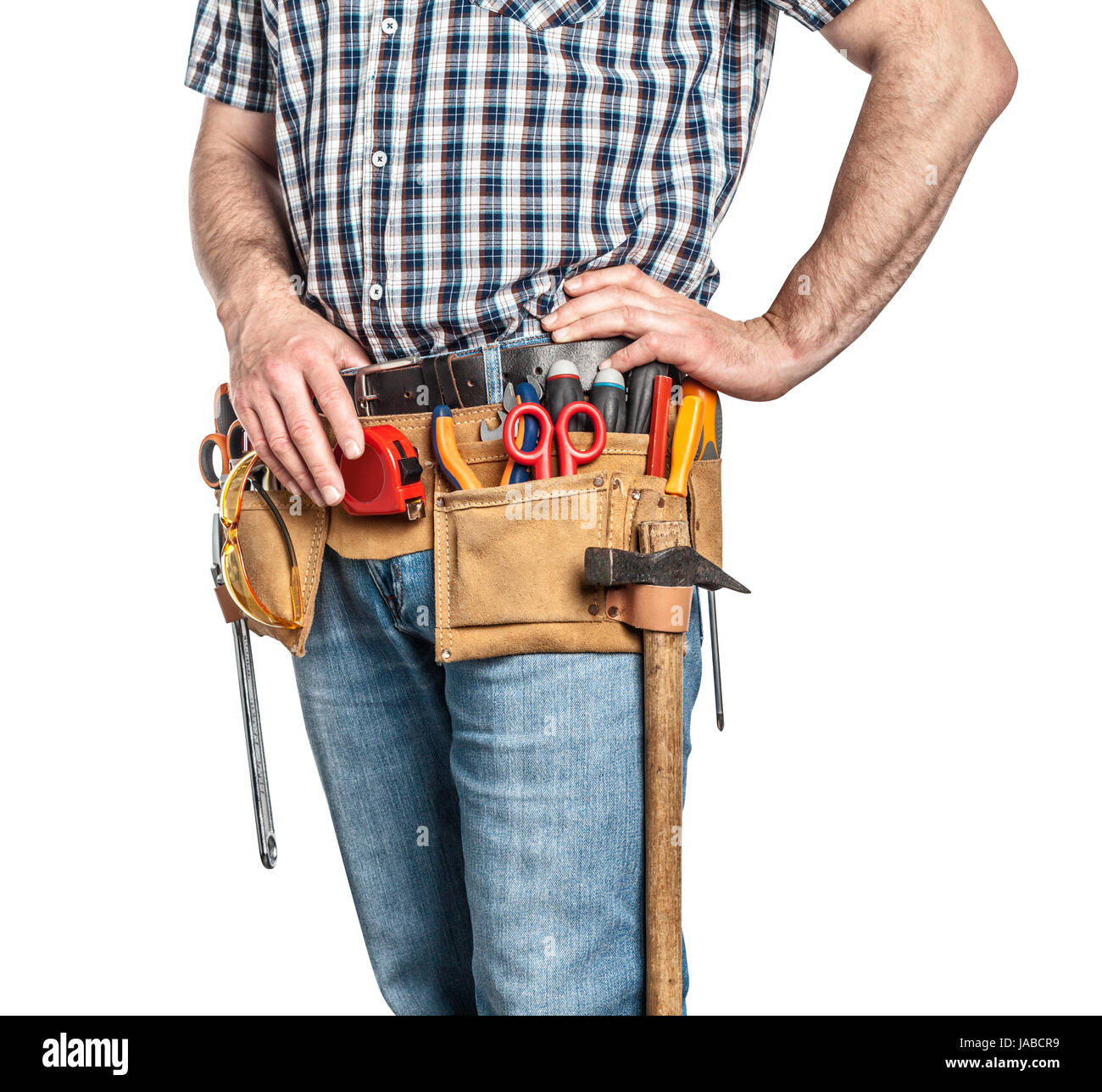detail of handyman with toolsbelt and tools isolated on white ...