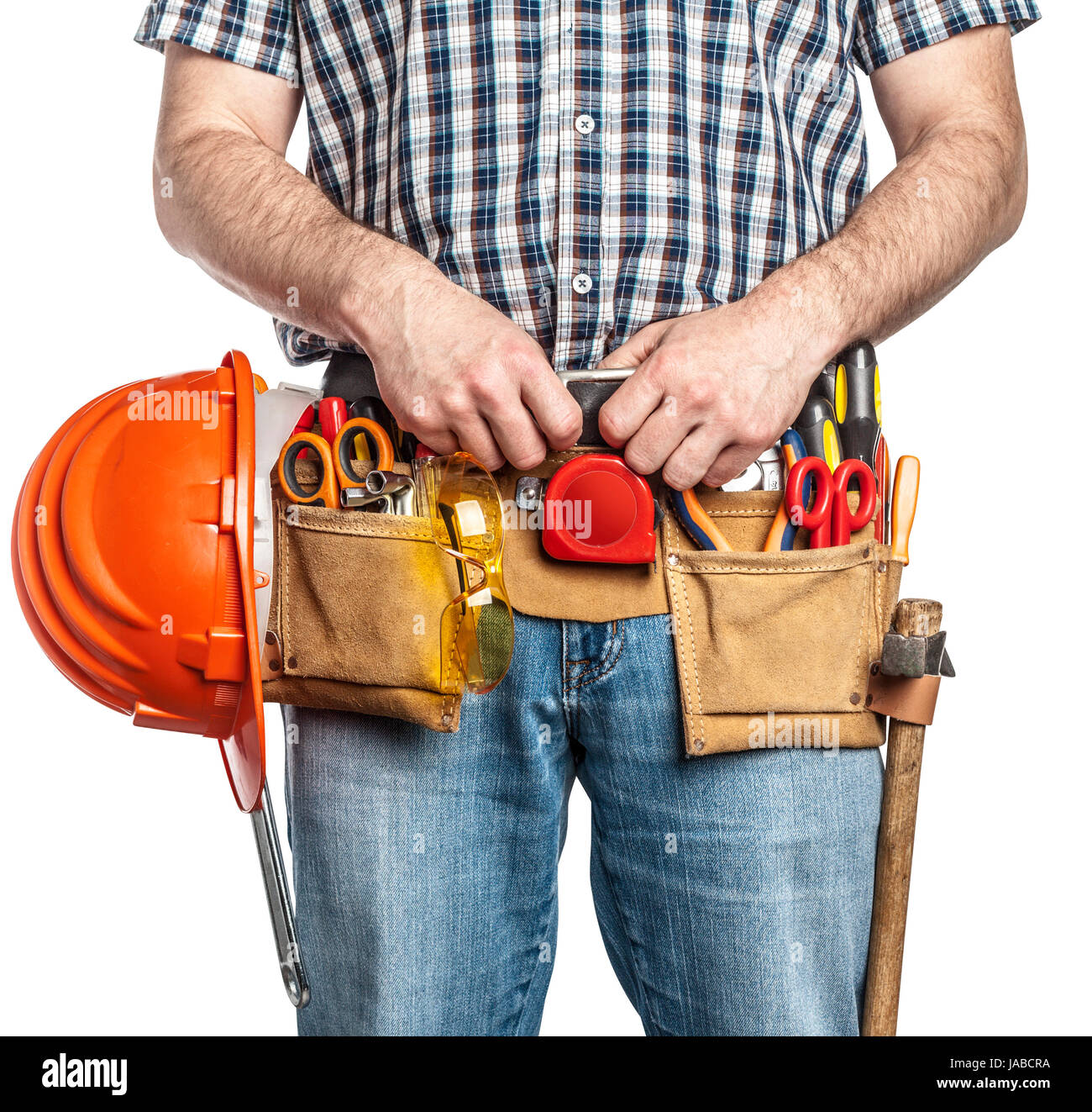 detail of handyman with toolsbelt and tools isolated on white ...