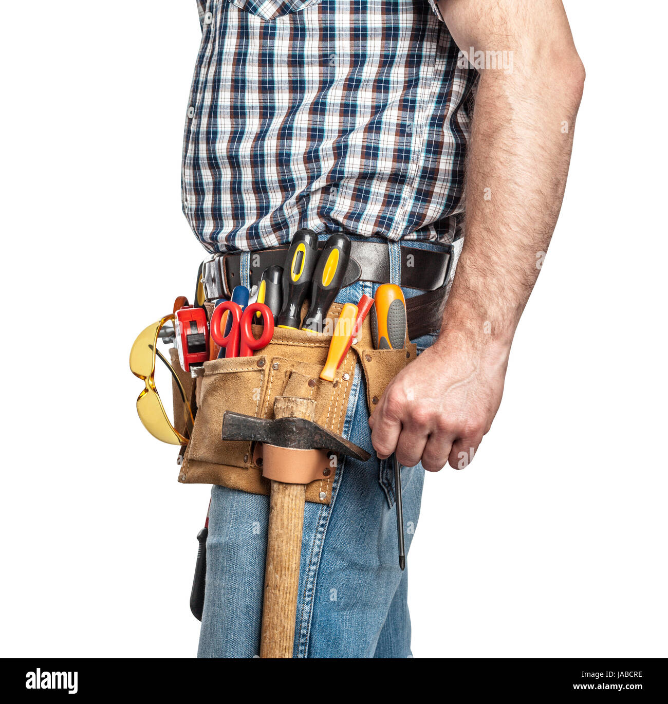 detail of handyman with toolsbelt and tools isolated on white ...