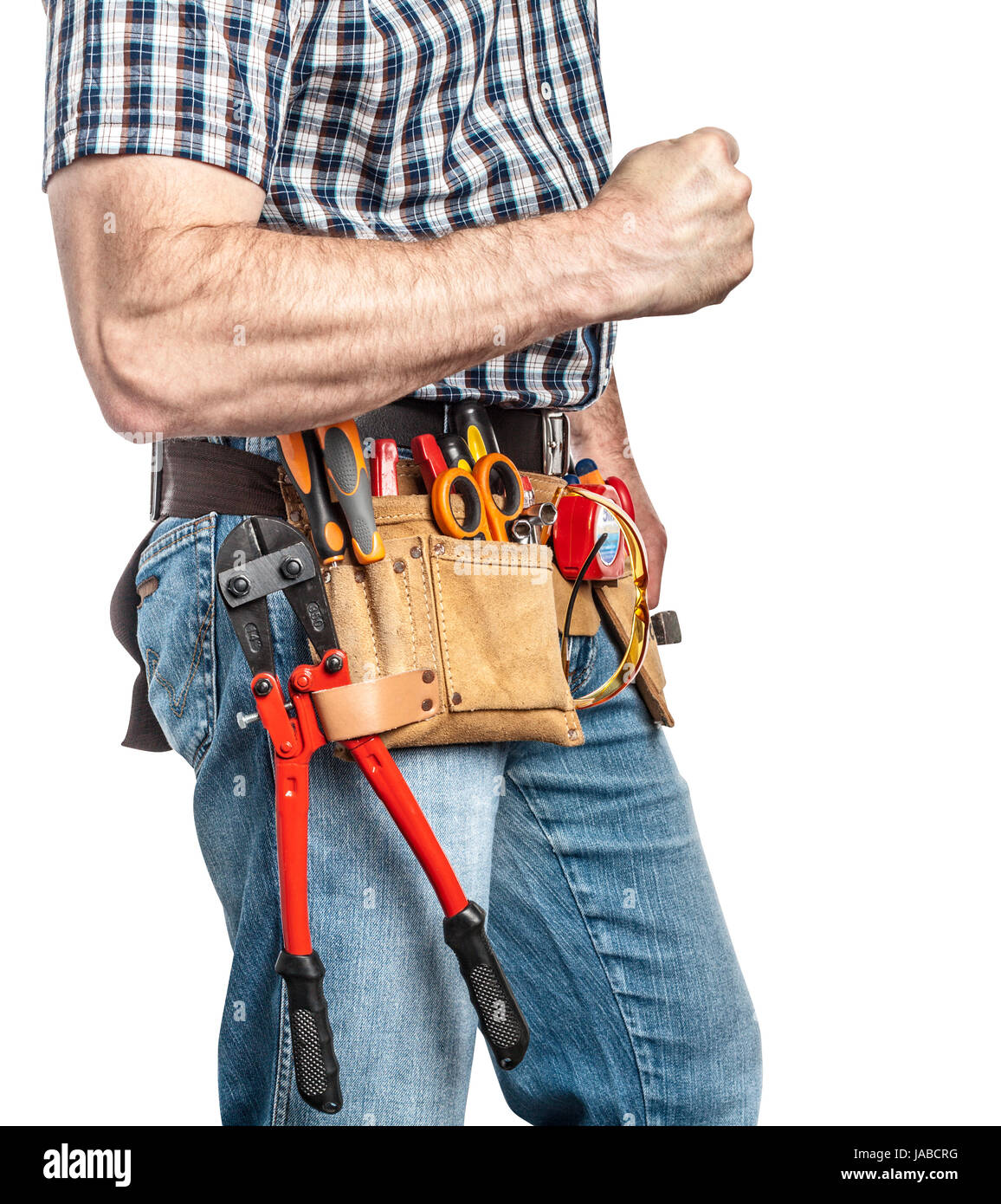 detail of handyman with toolsbelt and tools isolated on white ...